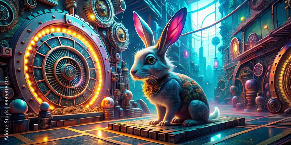 Robotic rabbit navigating 3D mazes amidst swirling clockwork gears ...