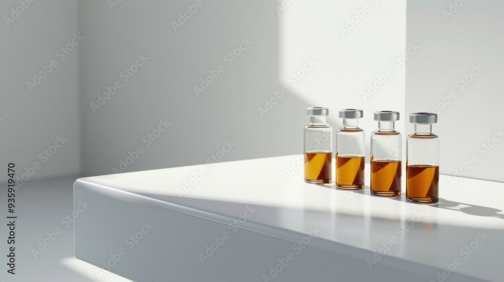 Clear vials containing amber liquid, neatly arranged on a sleek white ...