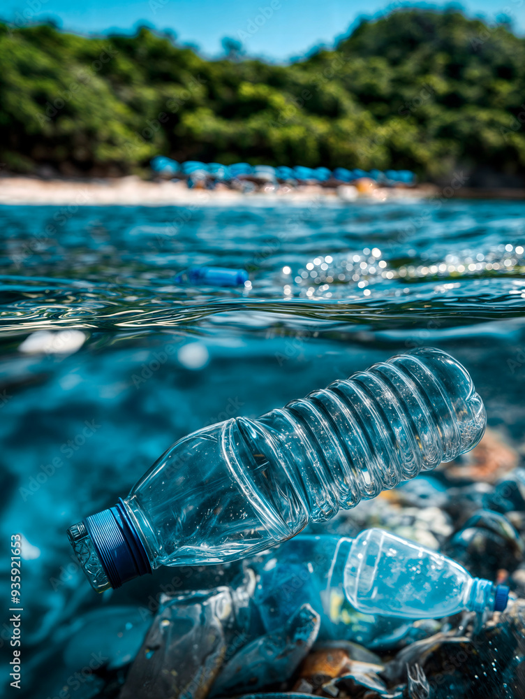 Discarded plastic waste below the ocean at an idyllic holiday ...
