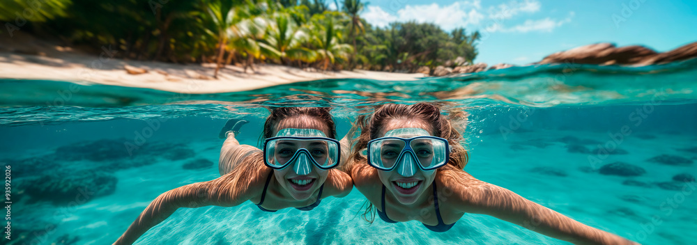 Two friends diving and taking a selfie underwater in a tropical ocean ...