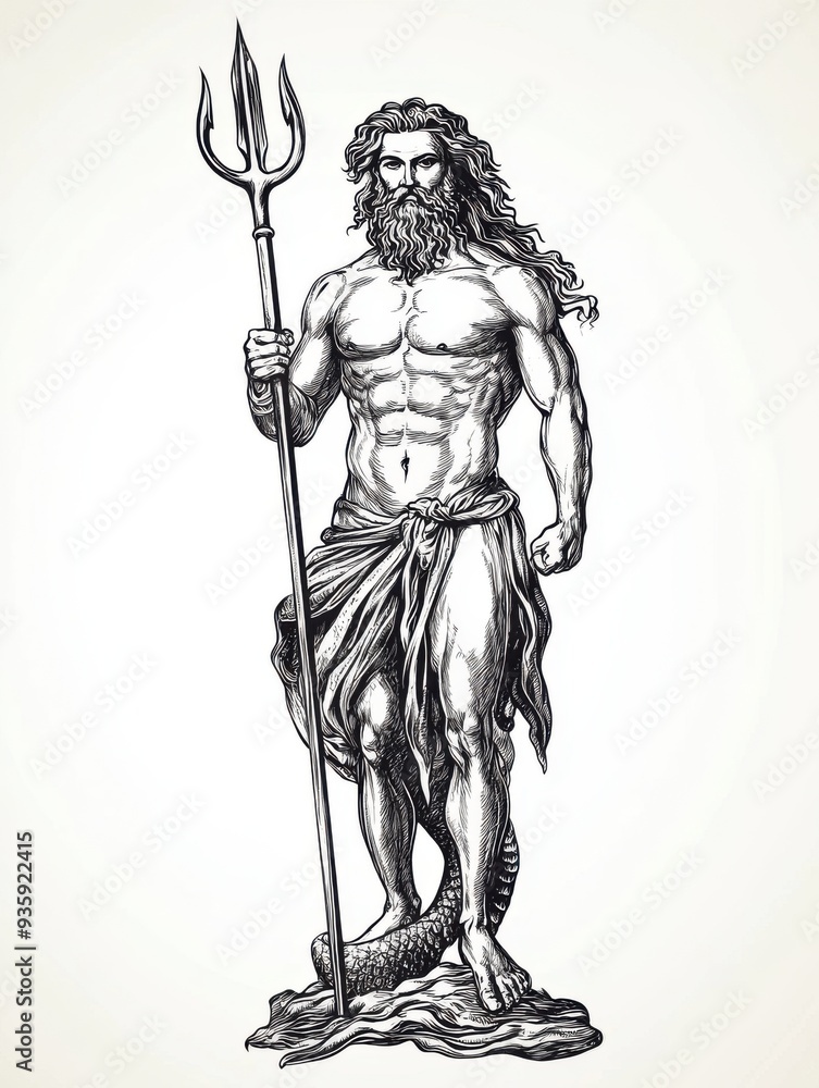 Black and white Vintage engraved art of a detailed statue of Poseidon ...