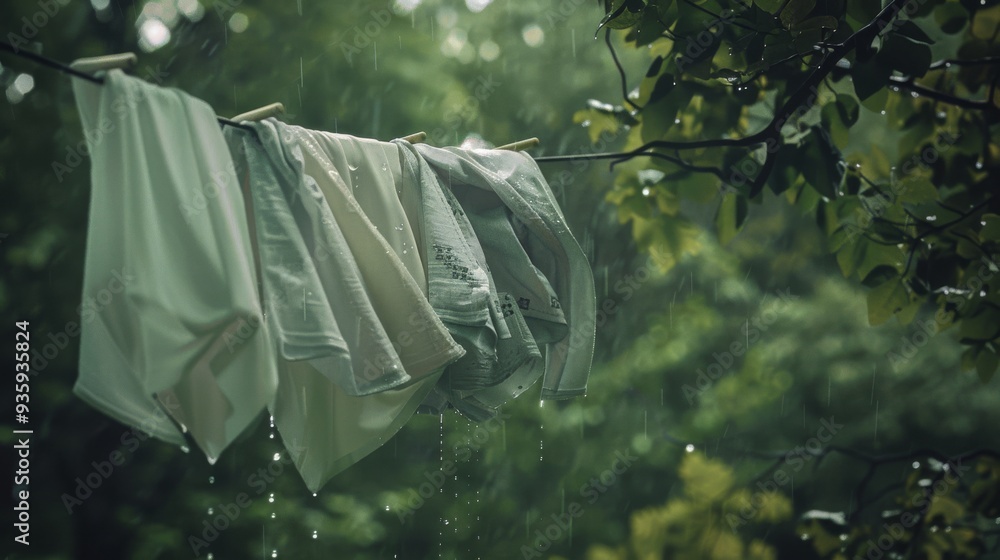Wet clothes drip on a clothesline in a lush, green outdoor setting ...