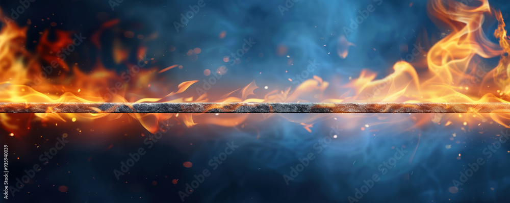 Flaming horizontal bar against a dark, smoky background, showcasing ...