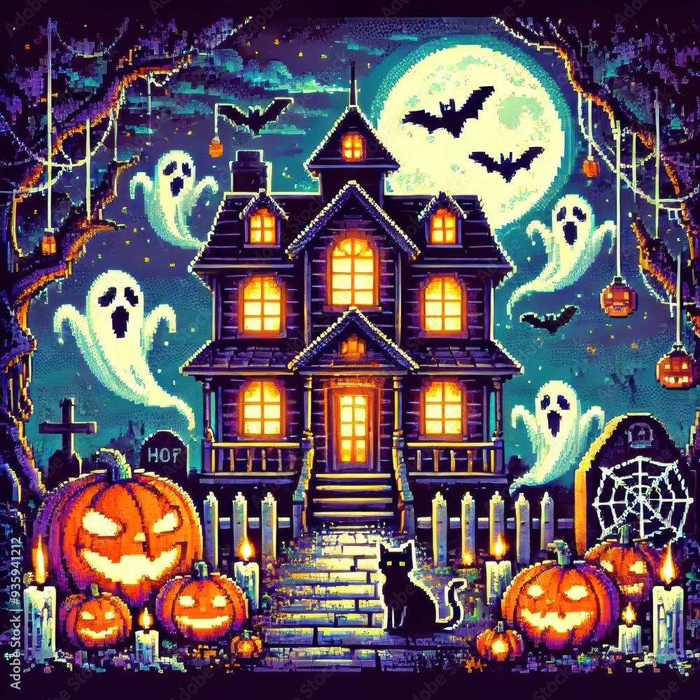 A retro-style Halloween scene in pixel art with a haunted house ...