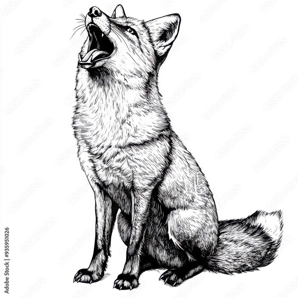 Black and white Vintage engraved art of a fox yelping, isolated on ...
