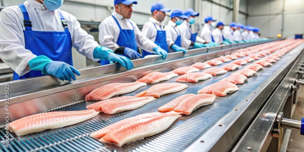 Conveyor belt in fish processing plant with fillets being cleaned, cut ...