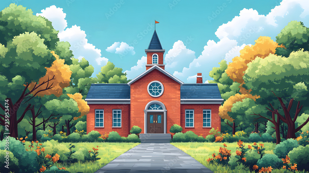 Animated vector illustration of school campus elements with Teacher Day ...