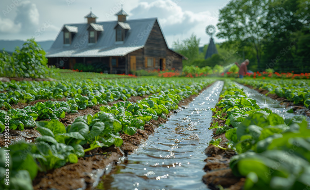 Lush green vegetable rows with a rustic farmhouse under blue skies ...
