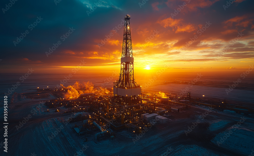 Oil drilling rig illuminated by sunset in remote Arctic location. A ...