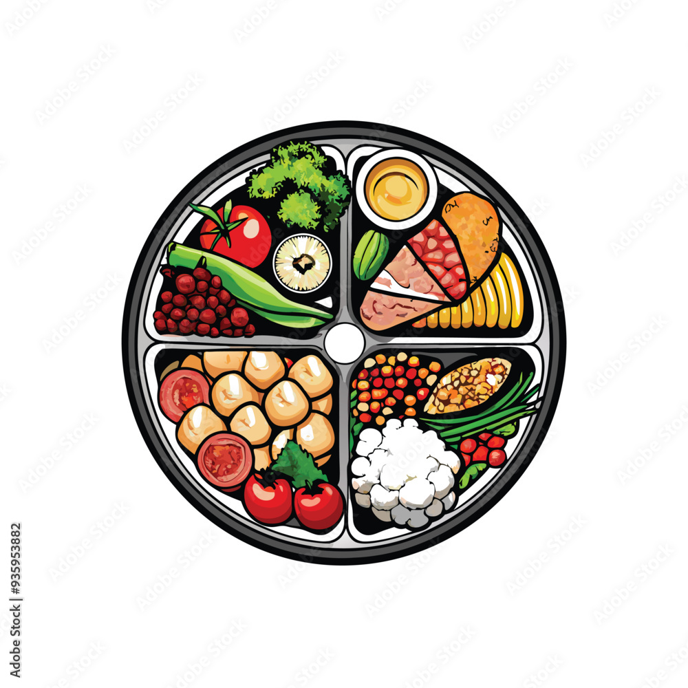Infographic depicting a circular plate divided into six sections, each ... Infographic depicting a circular plate divided into six sections, each ...