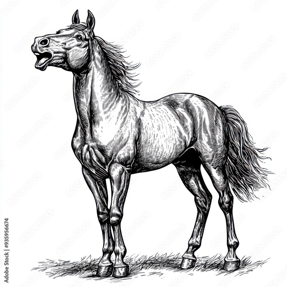 Black and white Vintage engraved art of a horse neighing loudly ...