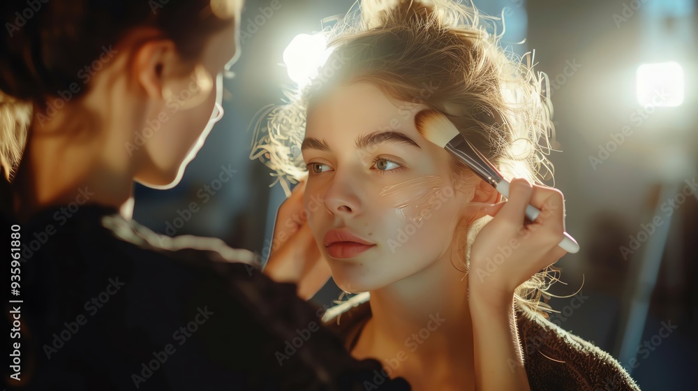 Behind-the-scenes capture of a makeup artist applying foundation to a ...