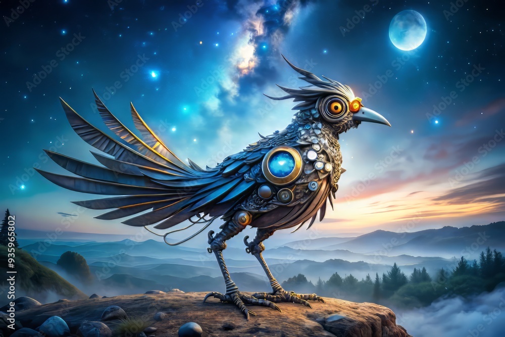 "Mystical mechanical avian creature with metallic feathers, glowing ...