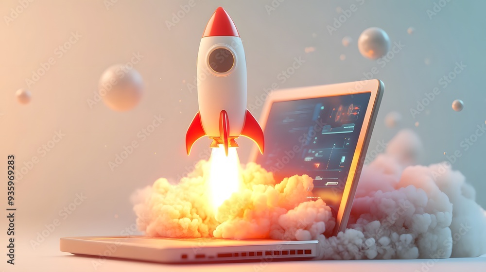 Cartoon-style rocket launching from laptop screen, pure white ...