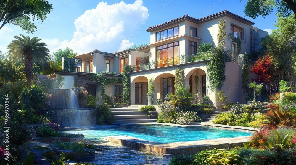 3D architectural rendering of a stylish modern house with an infinity ...