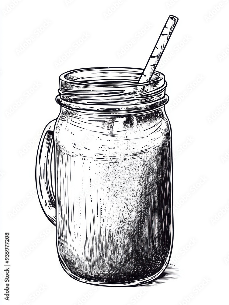 Black and white Vintage engraved art of a smoothie in a mason jar with ...