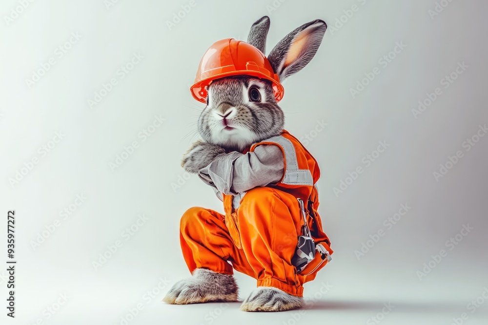 A playful bunny dressed as a construction worker crouches confidently ...