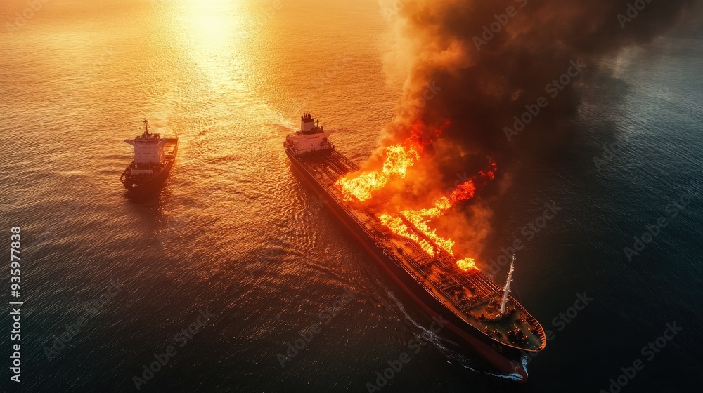 A rescue boat heads towards a fuel ship on fire. large cargo ship for ...