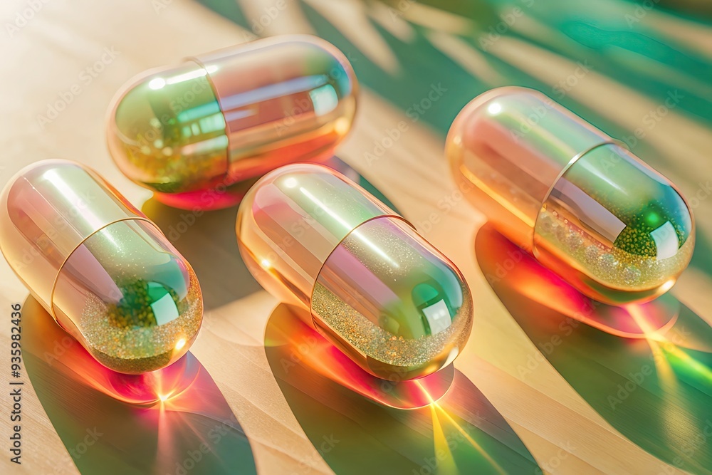 3D holographic glowing capsule and tablet with crystal dispersion ...