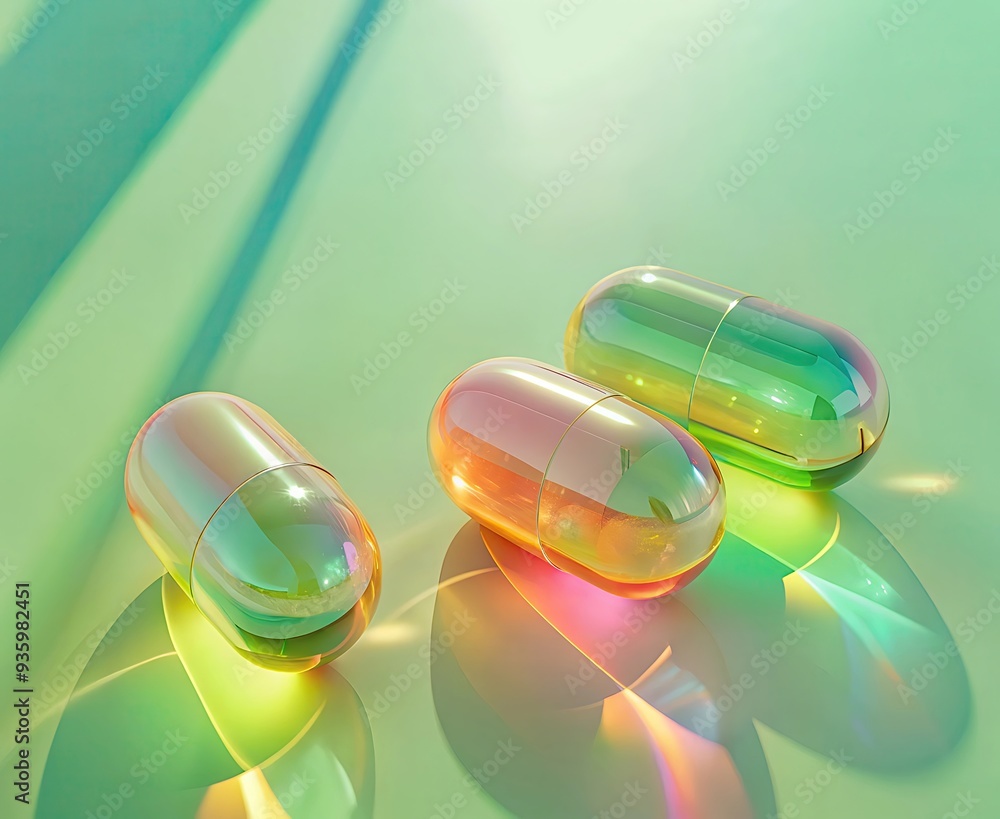 3D holographic glowing capsule and tablet with crystal dispersion ...