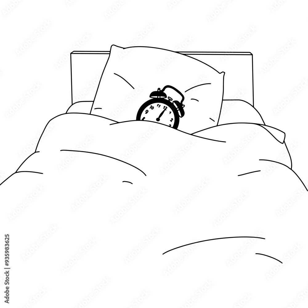 Outline drawing of a bed with a pillow and an alarm clock. Vector ...