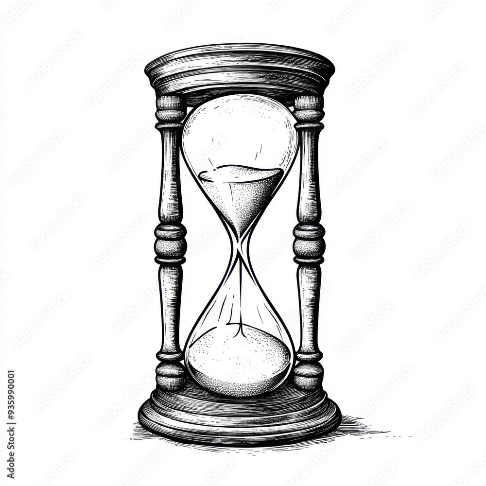 Black and white Vintage engraved art of a traditional hourglass with ...