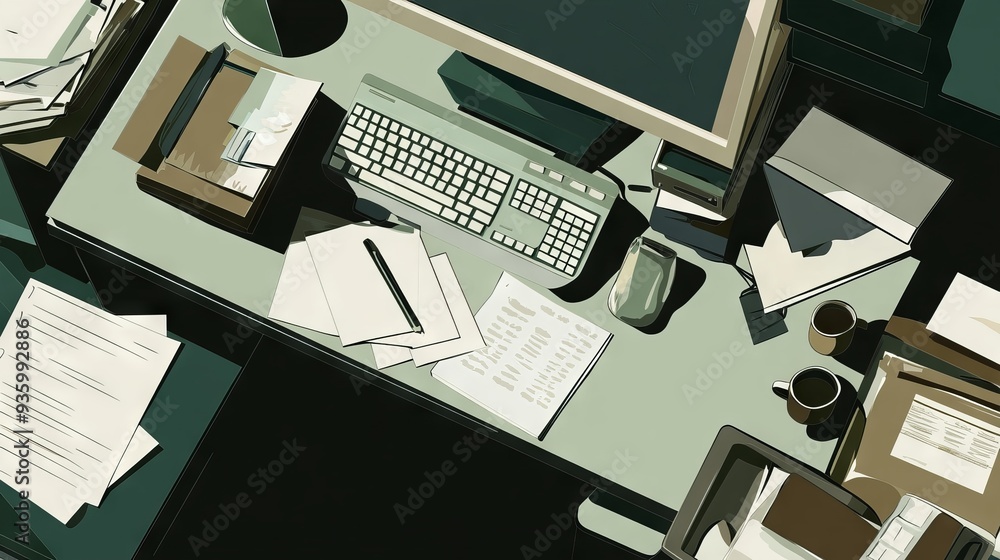 Stack of documents, stack of paper, and stationery piled on dirty and ...