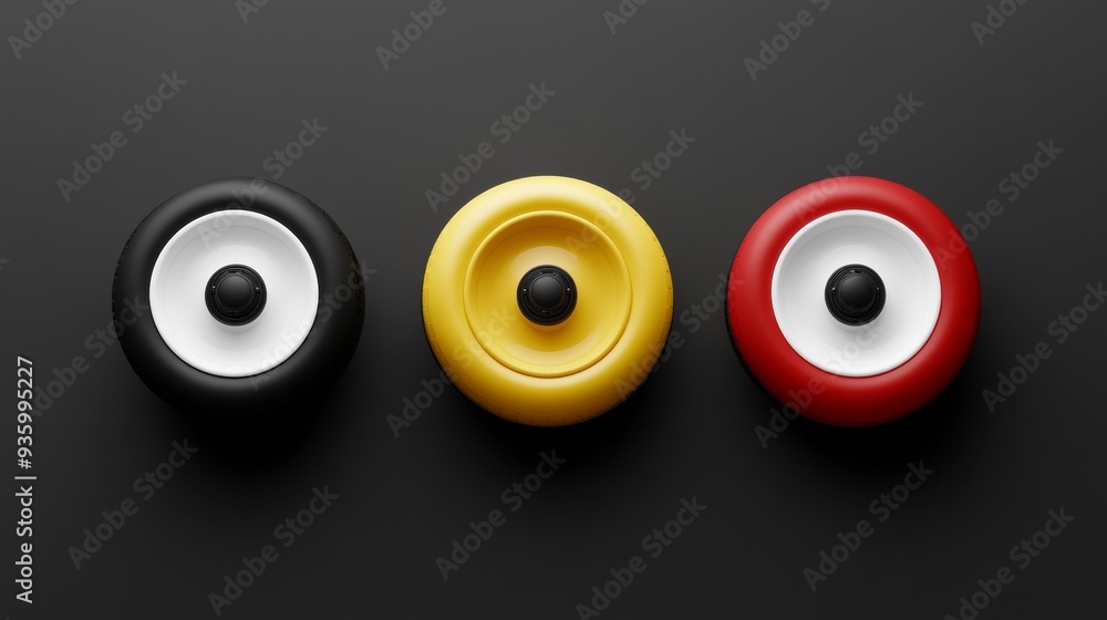 The collection consists of a black wheel, red yellow white line ...
