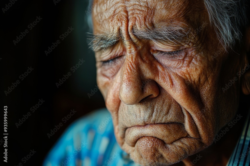 Extreme close-up of an elderly man's face, focusing on his furrowed ...