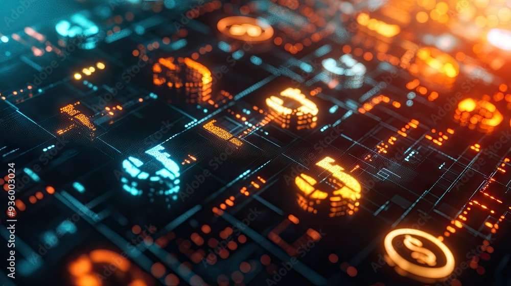 Dynamic 3D financial network with glowing interconnected currency ...