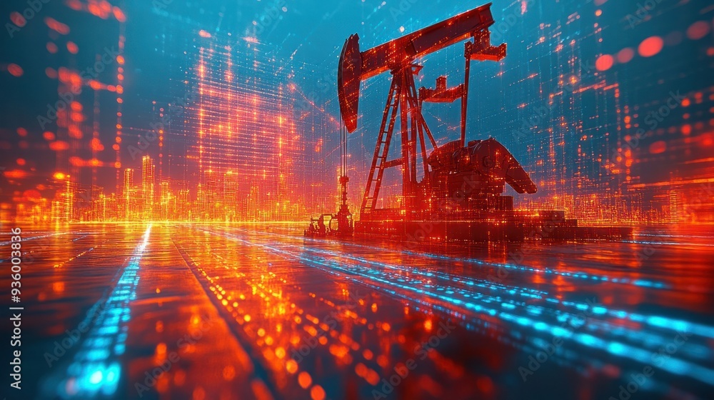 Holographic oil pump extracting machine with blue lines in oil field ...