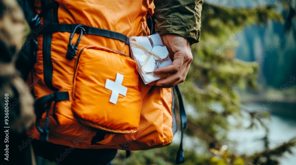Photograph of a male hand removing a first aid kit from a backpack ...
