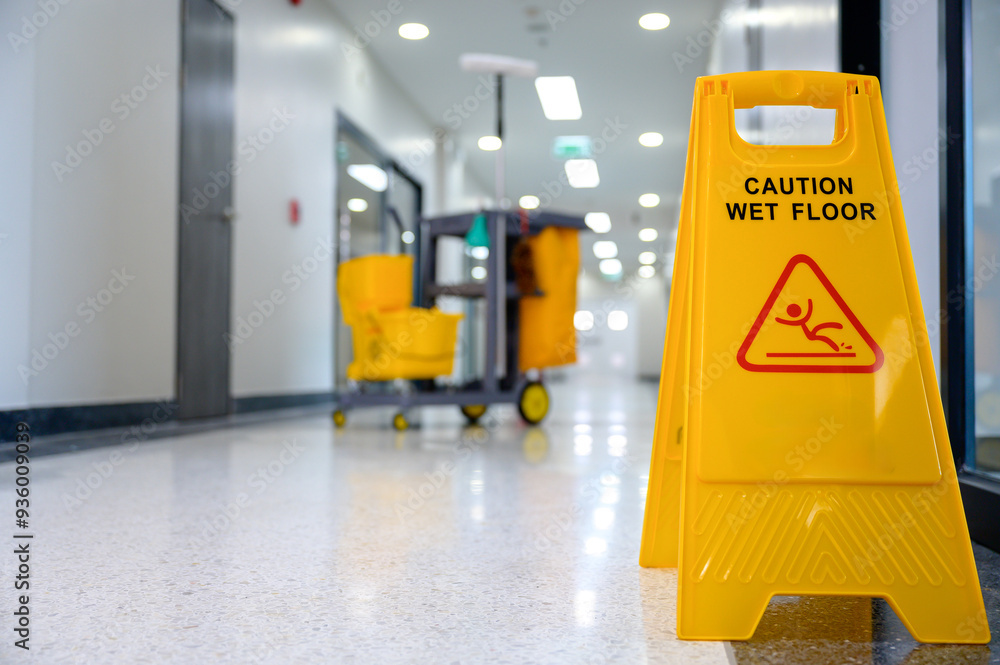 Focus on yellow wet floor warning sign and caution slippery sign ...