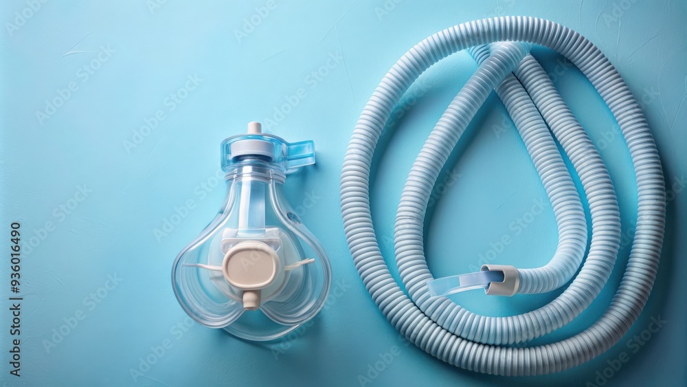 CPAP mask and tubing for sleep apnea treatment, flat lay arrangement ...