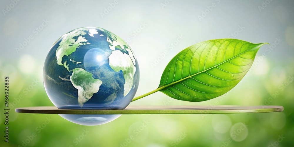 Symbolic image of Earth balanced with a green leaf on a scale ...