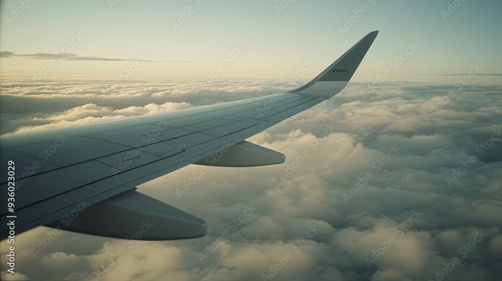Stunning close-up of an airplane wing during flight, with the wing in sharp focus and the clouds ...