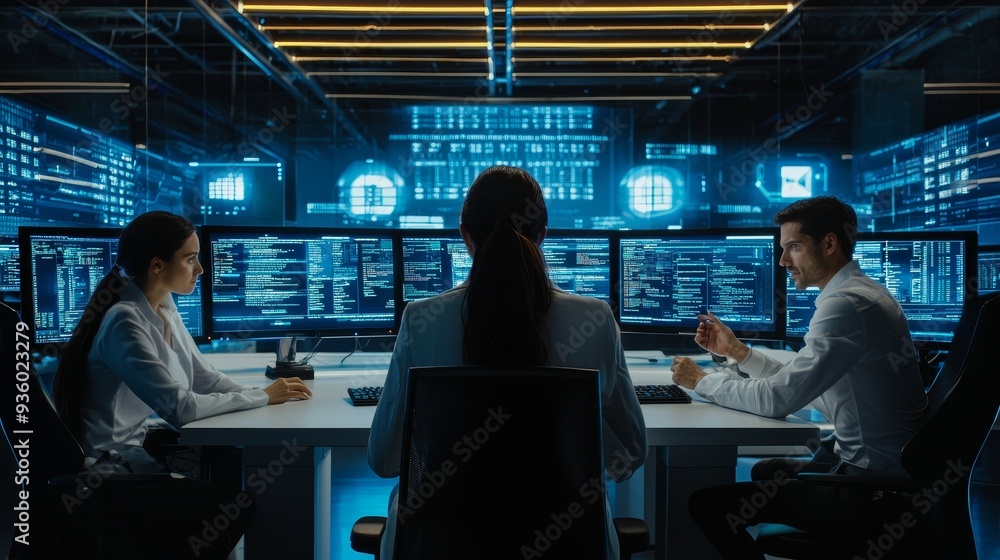 Overseeing server room, walking around with checklist on laptop ...