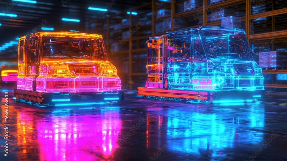 Automated guided vehicles AGVs illuminated by neon lights in a high ...
