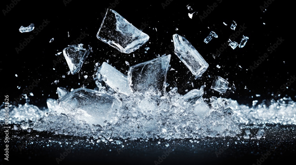 Ice, crushed on black background. Shards of crushed ice spreading away ...