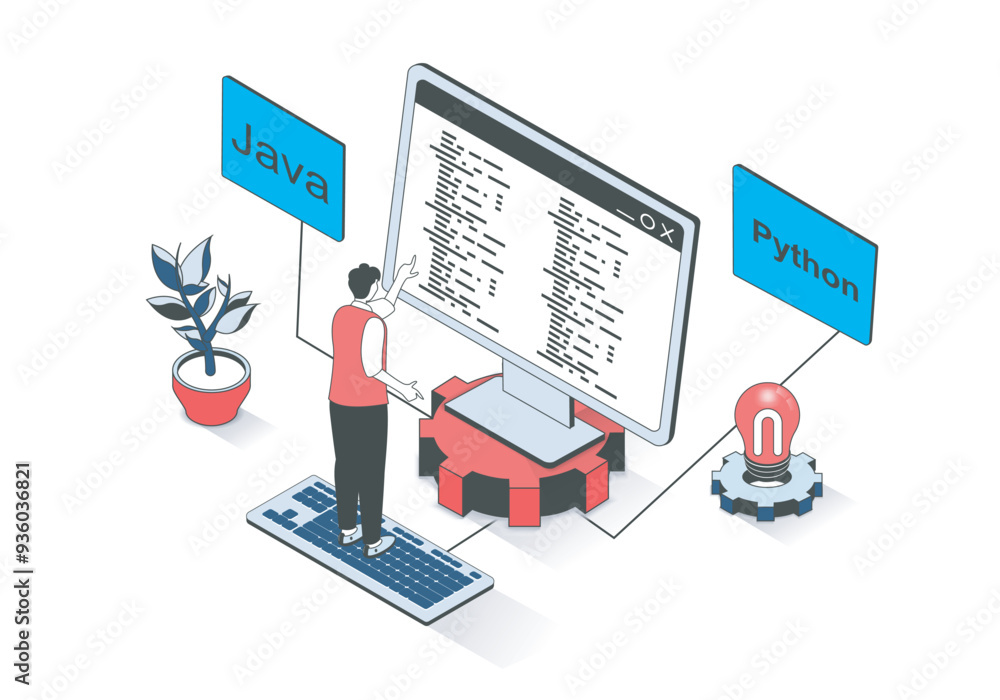 Programming 3d Isometric Concept With Isometry People Design For Web Man Coding On Computer