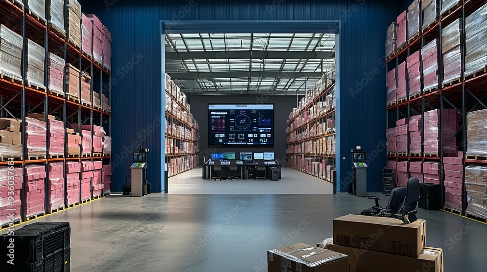 High-tech warehouse with a digital control room overseeing operations ...