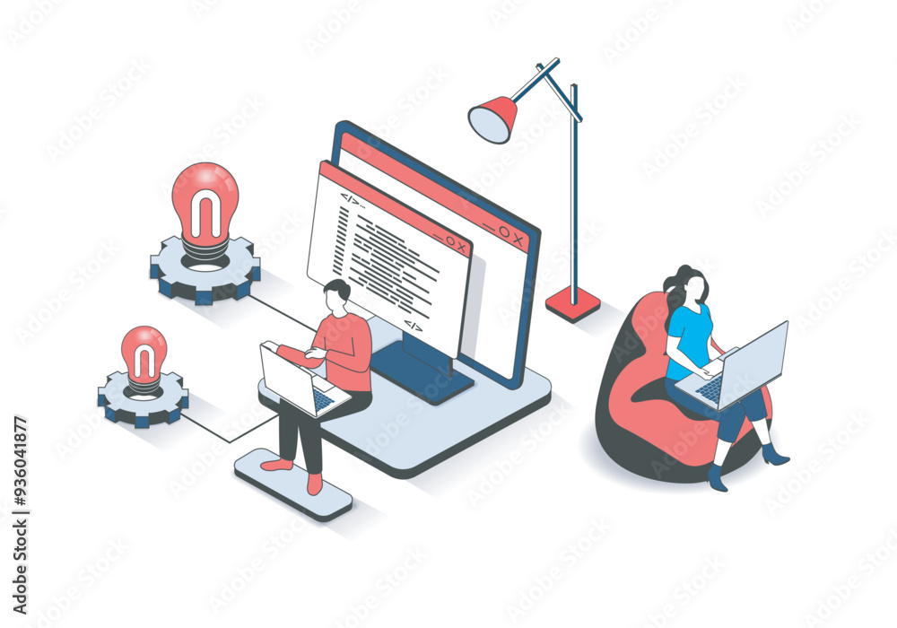 Software programming 3d isometric concept with isometry people design for web. Man and woman ...