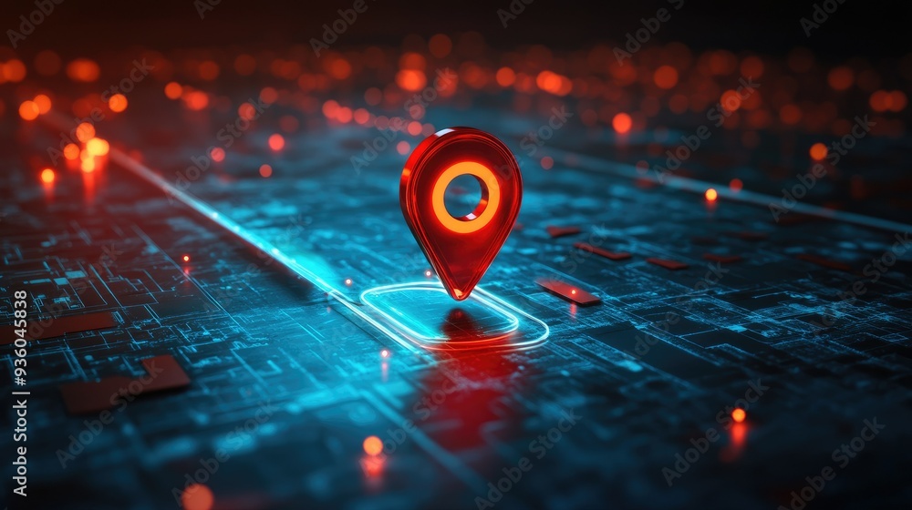 Red map pin standing on a high-tech road with digital navigation ...