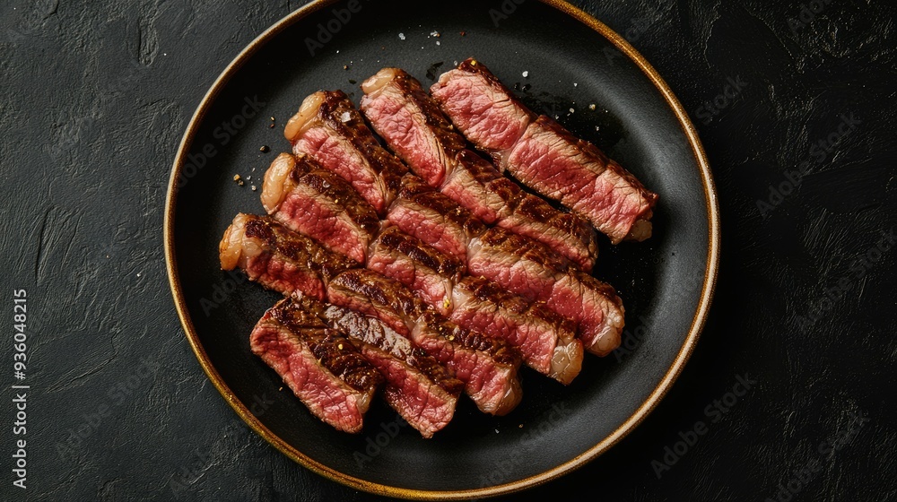 Sliced Wagyu Rib Eye steak on a plate, grilled to a perfect medium-rare ...
