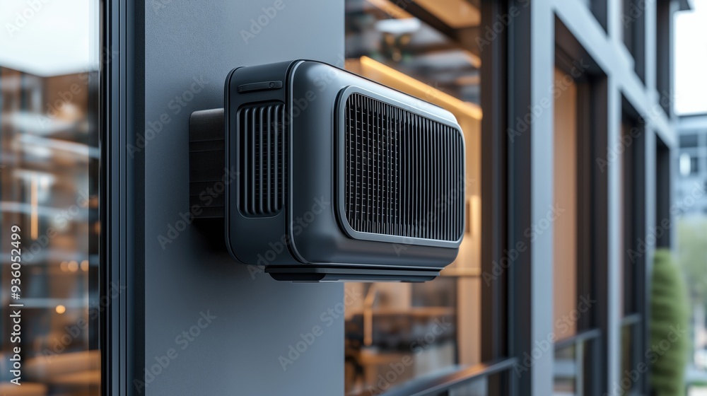 Modern wall-mounted air conditioning unit installed on the exterior of ...