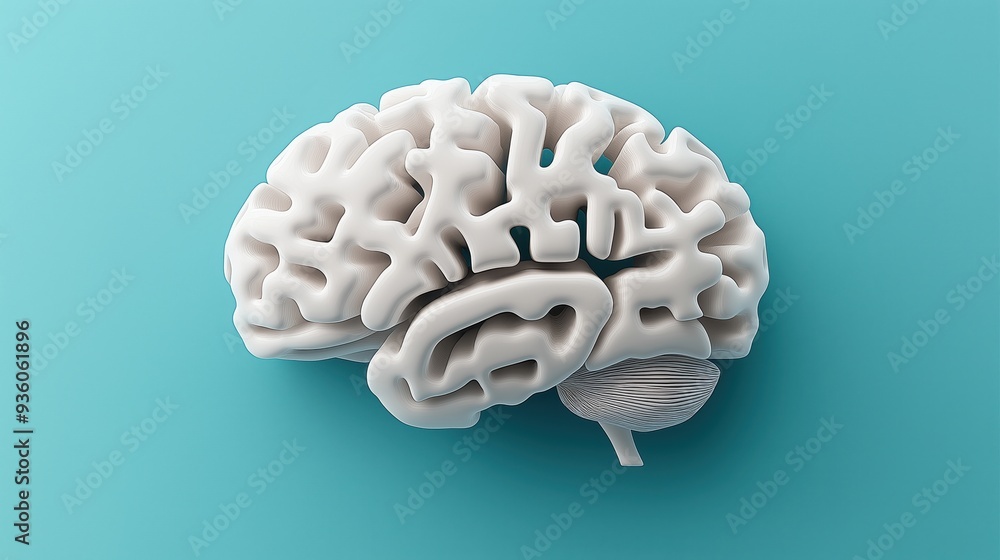 3D illustration of a detailed human brain model on a blue background ...