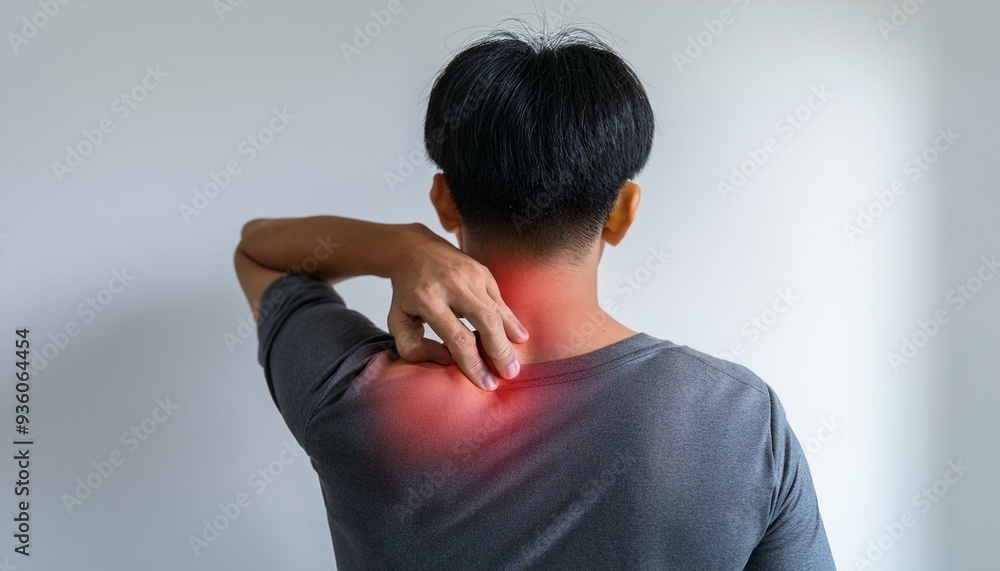 Young asian man itching and scratching on his back from allergic itchy ...