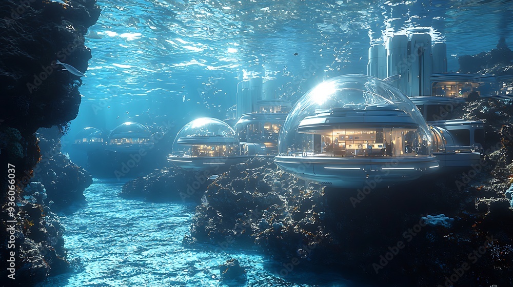 Underwater cityscape with domes and coral reefs, imagining a future ...