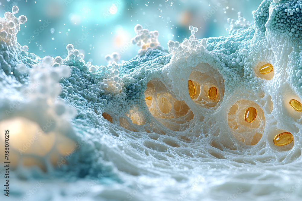 Illustration of skin cells with a focus on the collagen matrix and ...