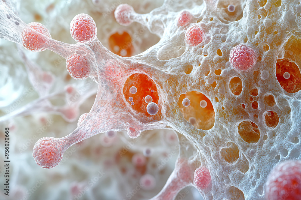 High-resolution image of skin tissue with visible collagen strands and ...